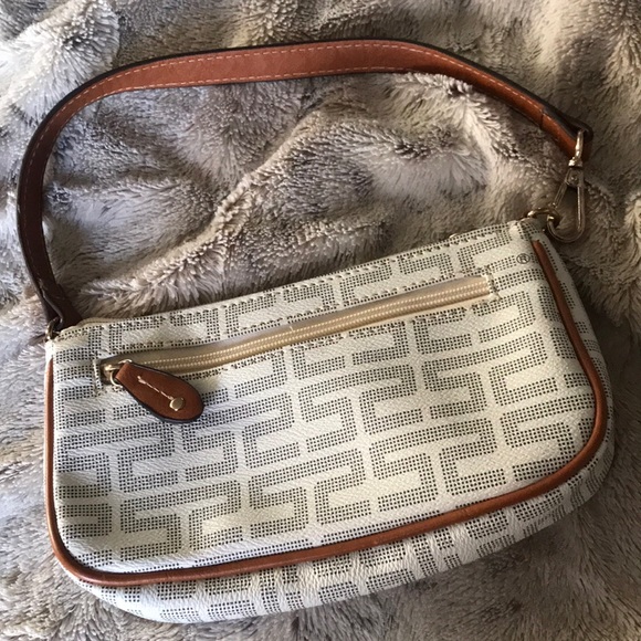 Bags | Vegan Faux Leather Mini Purse Tan White Print Greek Key Multi ...